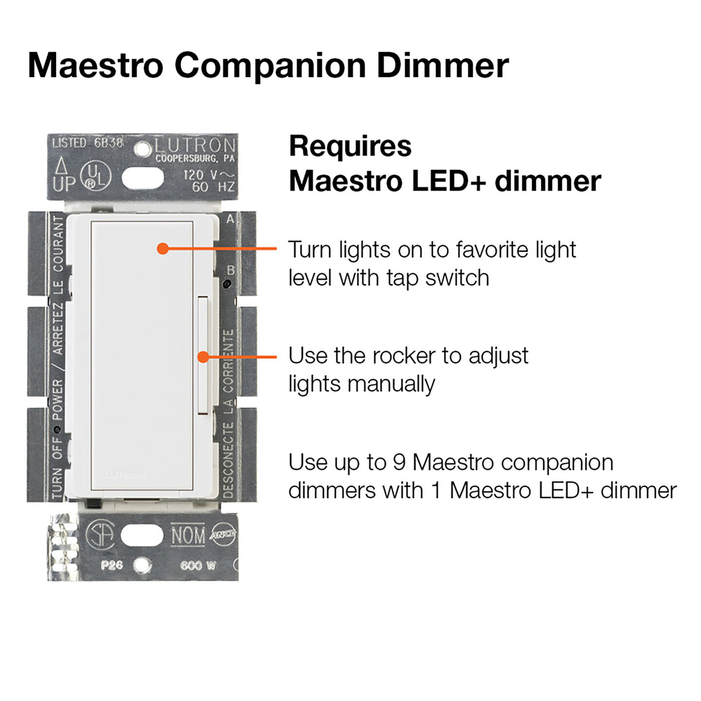 Maestro LED+ Companion Dimmer Switch - [MA-R-WH], 150 W LED, Single ...